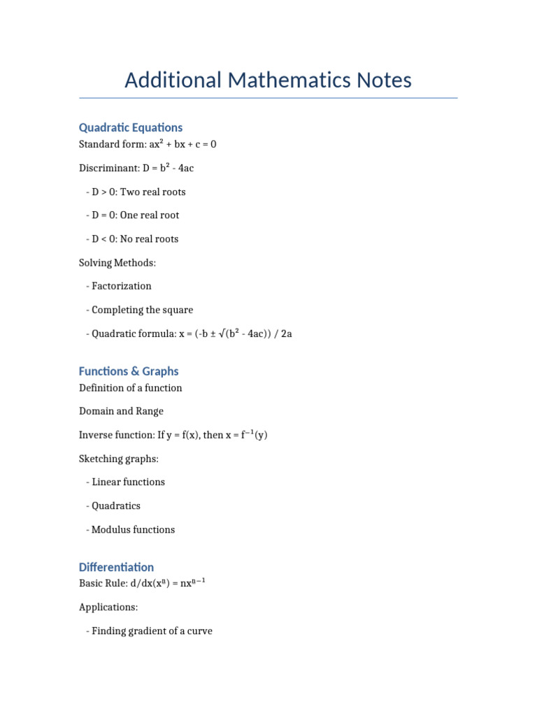 Additional Mathematics Study Guide | PDF