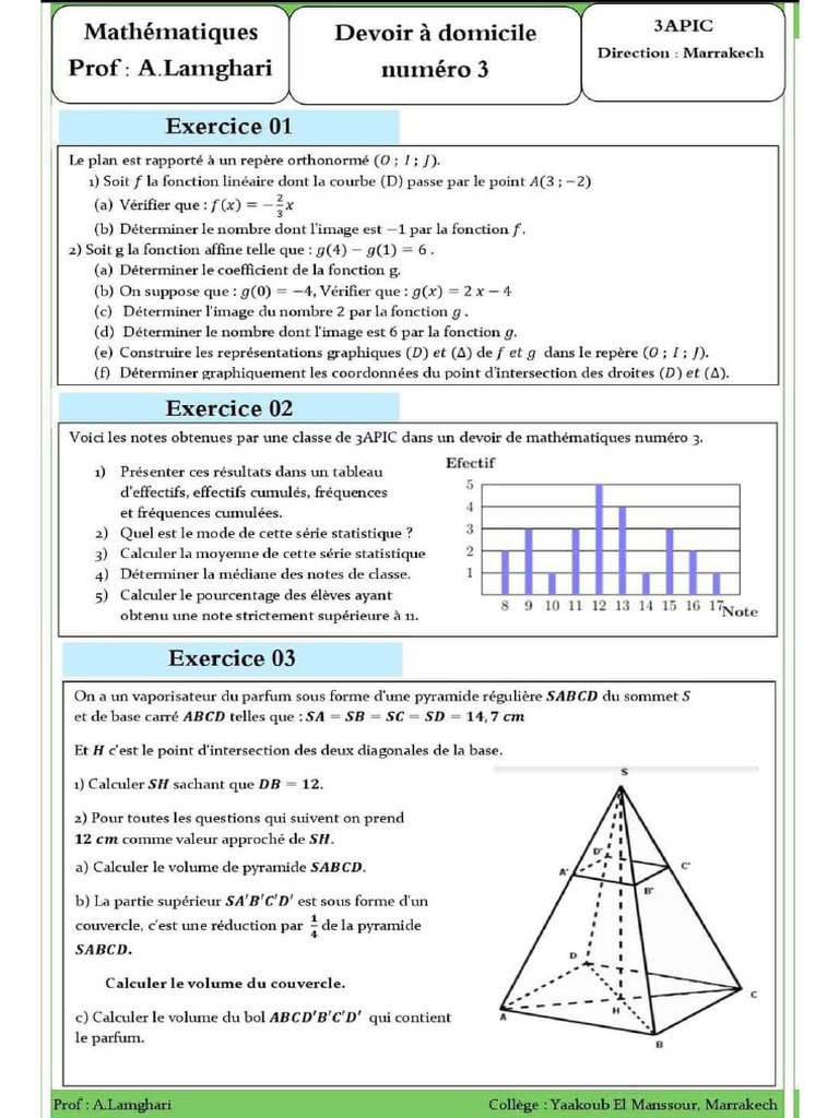 Contrôle 3 Semestre 2 Math 3AC | PDF