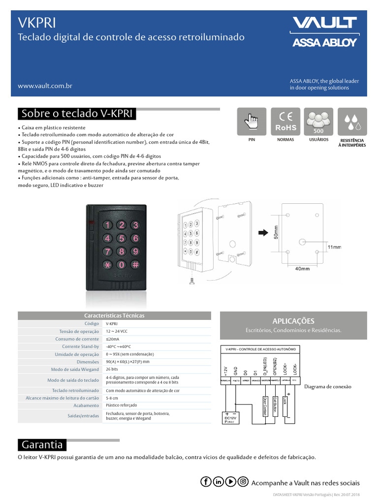 Datasheet Teclado V KPRI Vault Assa Abloy | PDF | Teclado de computador | Informática