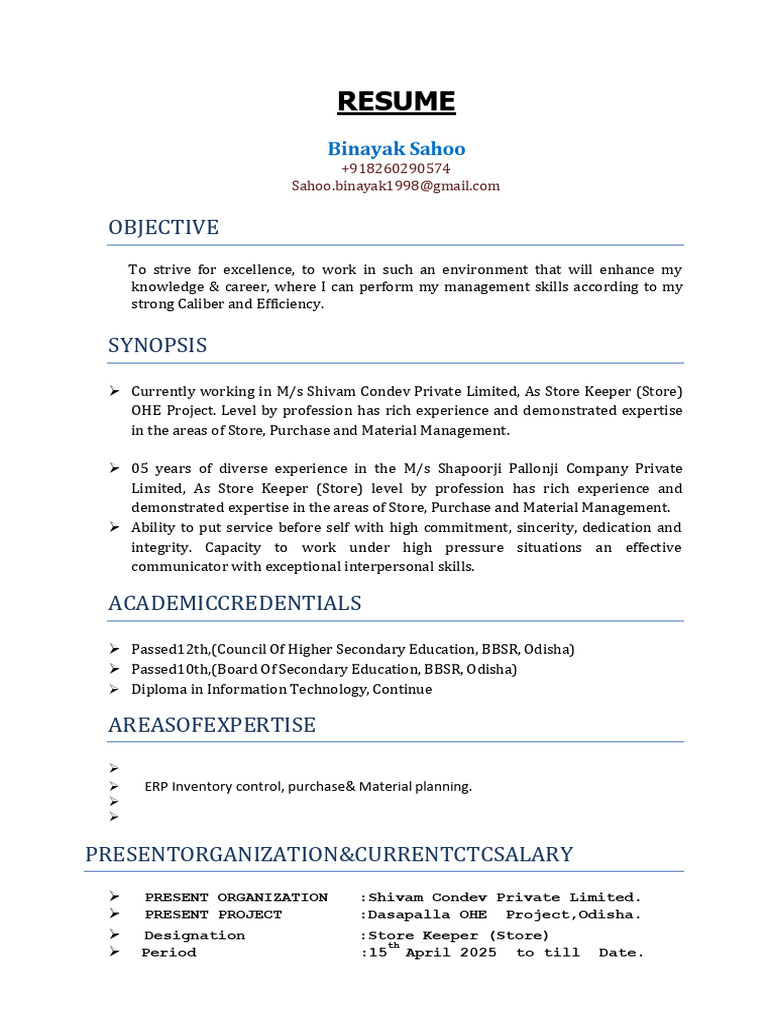 Curriculum Vitae Binayak Sahoo | PDF