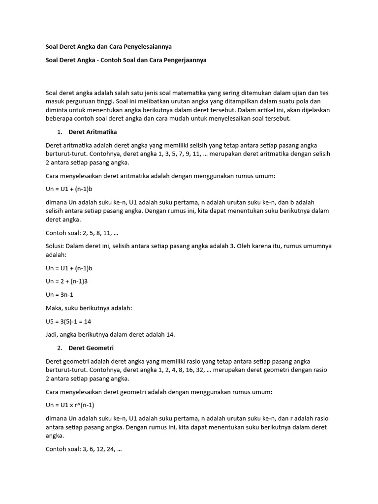 Soal Deret Angka Dan Cara Penyelesaiannya | PDF