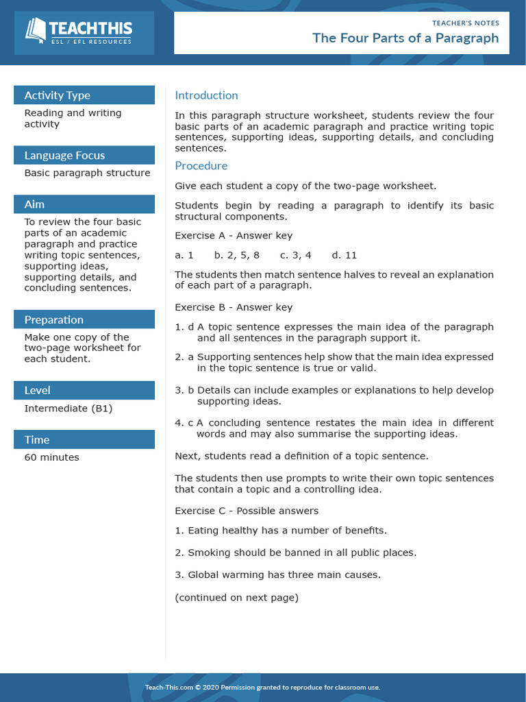 B1 - The-Four-Parts-Of-A-Paragraph | PDF | English As A Second Or ...