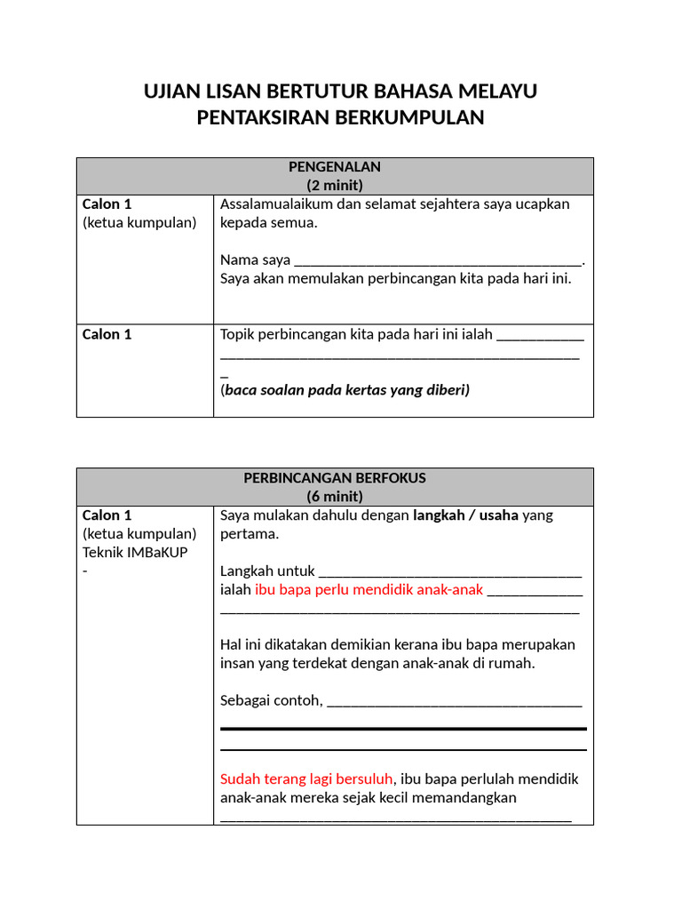 Skrip Ujian Bertutur Bahasa Melayu | PDF