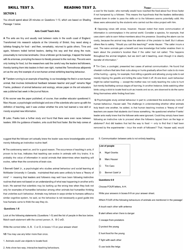 Skill Test 3. Reading Test 2 | PDF