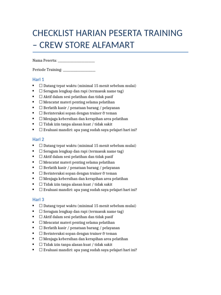Checklist Harian Training Crew Store Alfamart | PDF