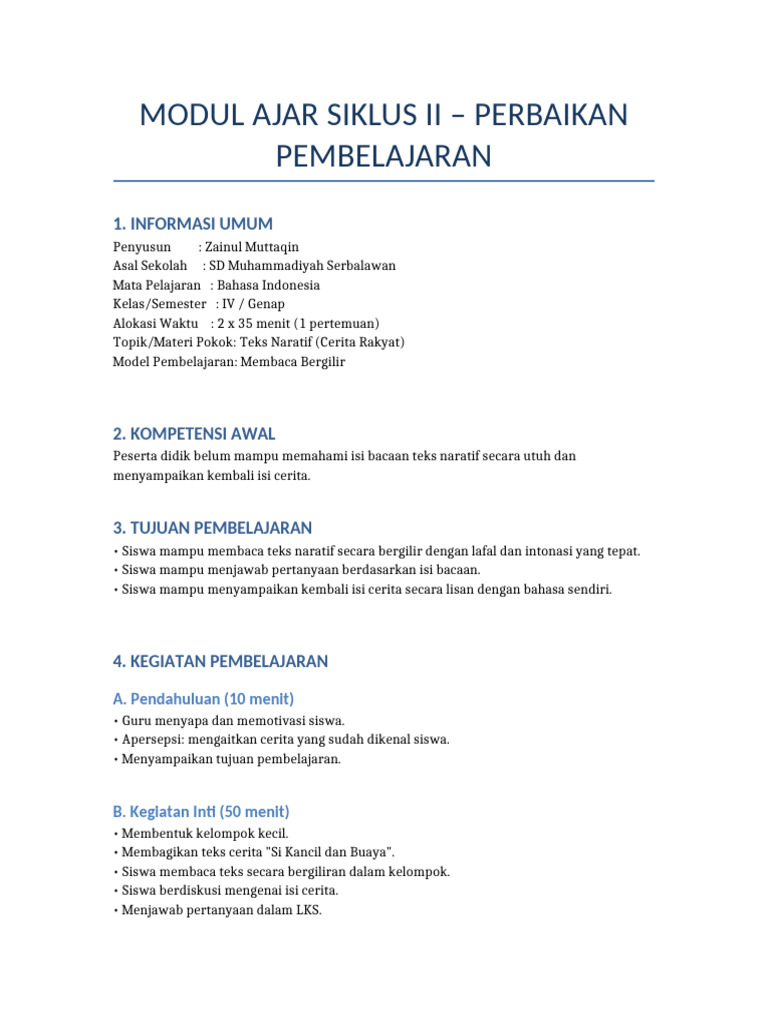 Modul Ajar Siklus Ii Membaca Bergilir | PDF
