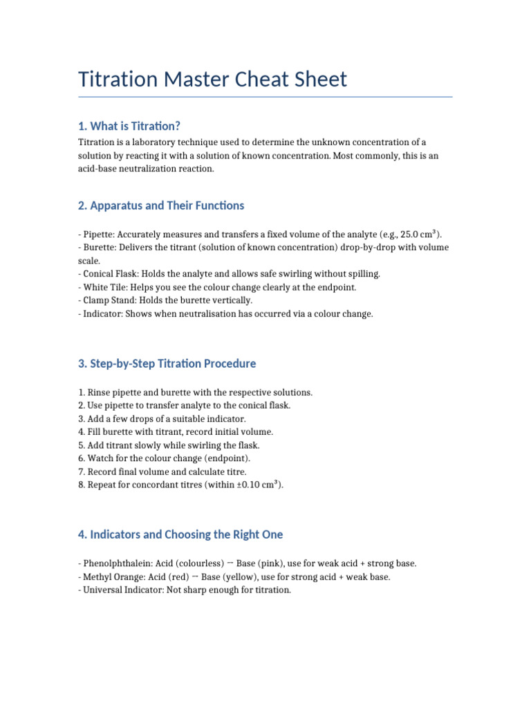 Titration Master Cheat Sheet | PDF | Titration | Chemistry