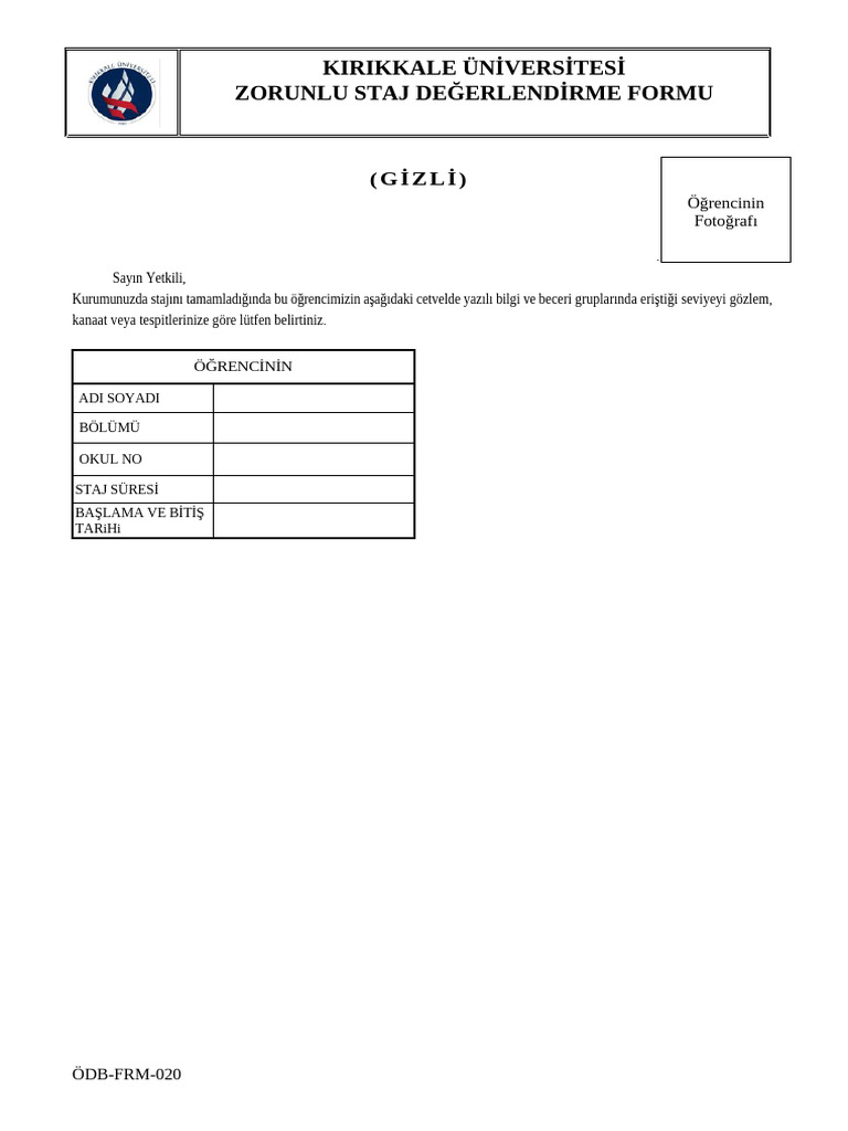 Ödb-Frm-020 Zorunlu Staj Değerlendi̇rme Formu | PDF