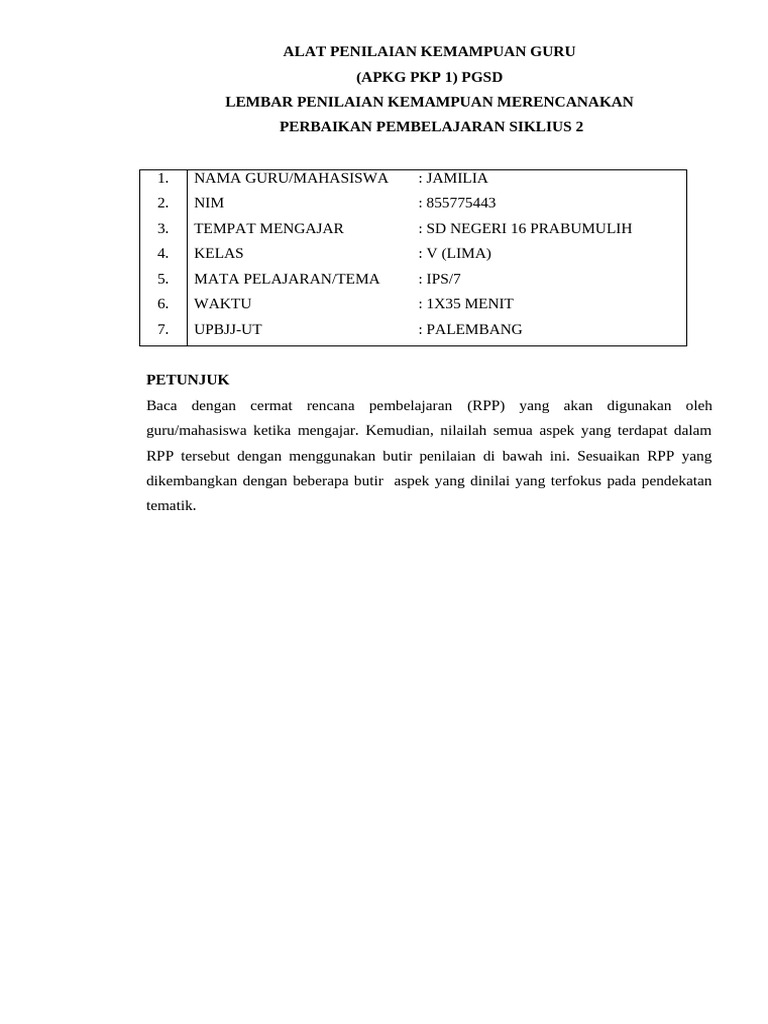 PKP APKG JAMILIA SIKLUS 1 | PDF