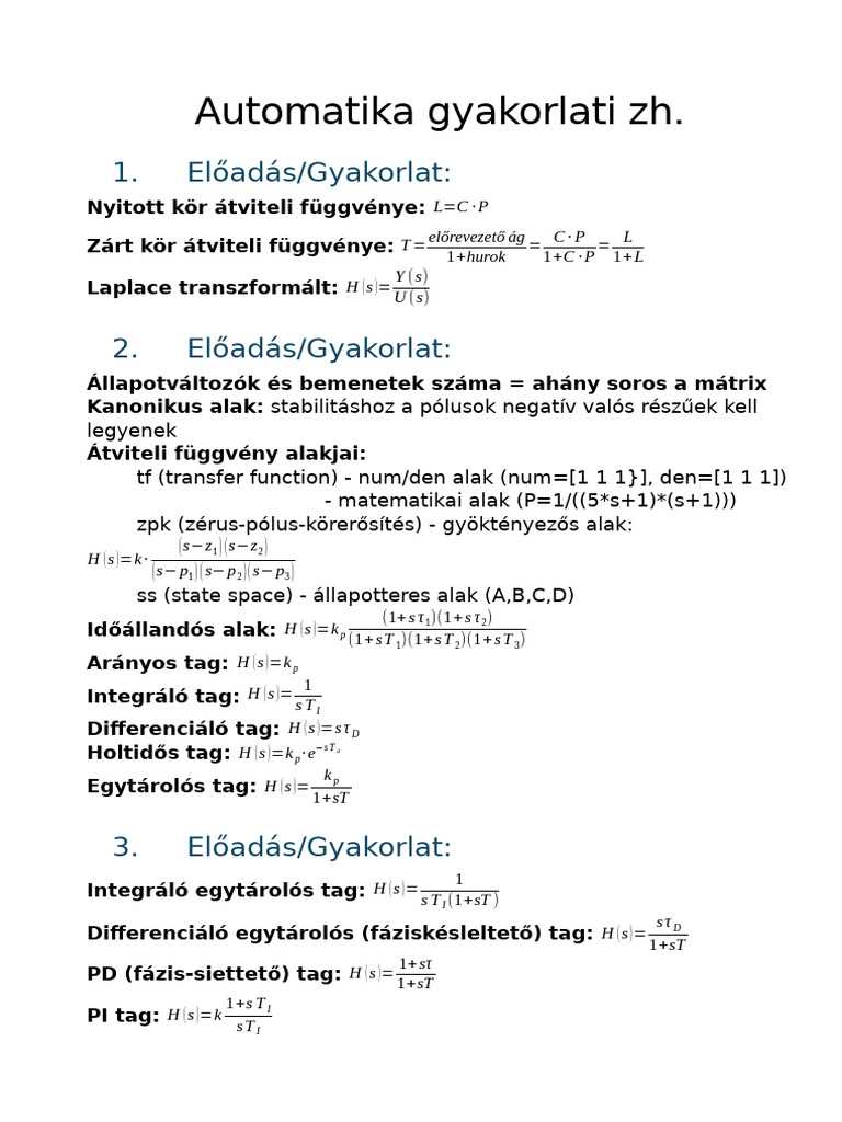 Automatika Gyakorlati ZH | PDF