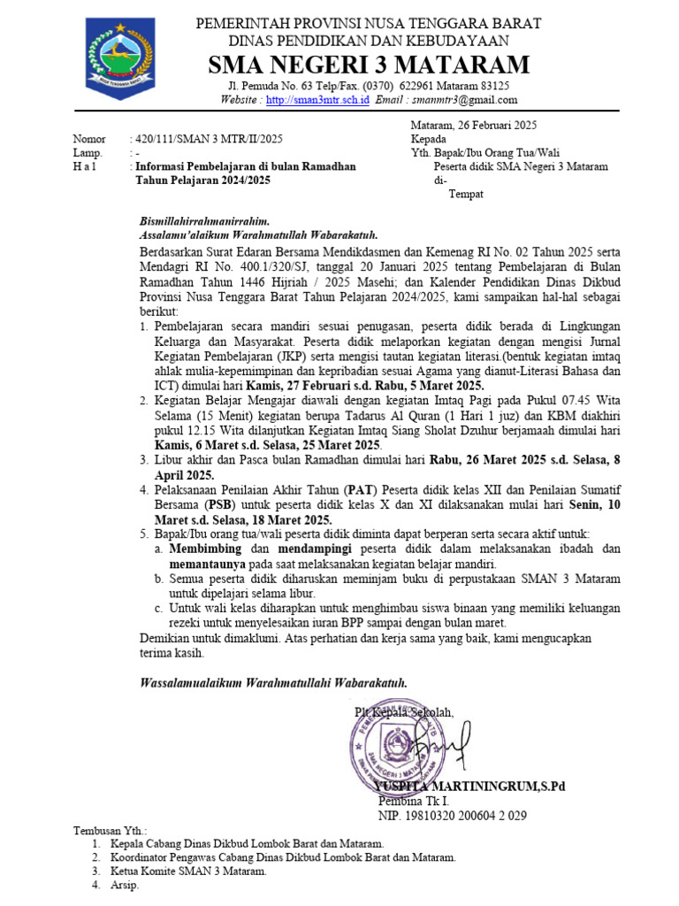 Surat Edaran Libur Awal Ramadhan TP 24-25 | PDF