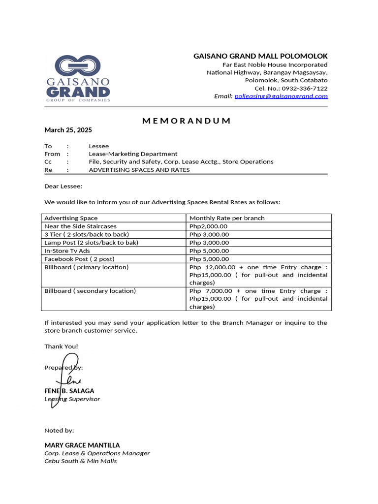 Memo (ADVERTISING SPACES AND RATES) | PDF