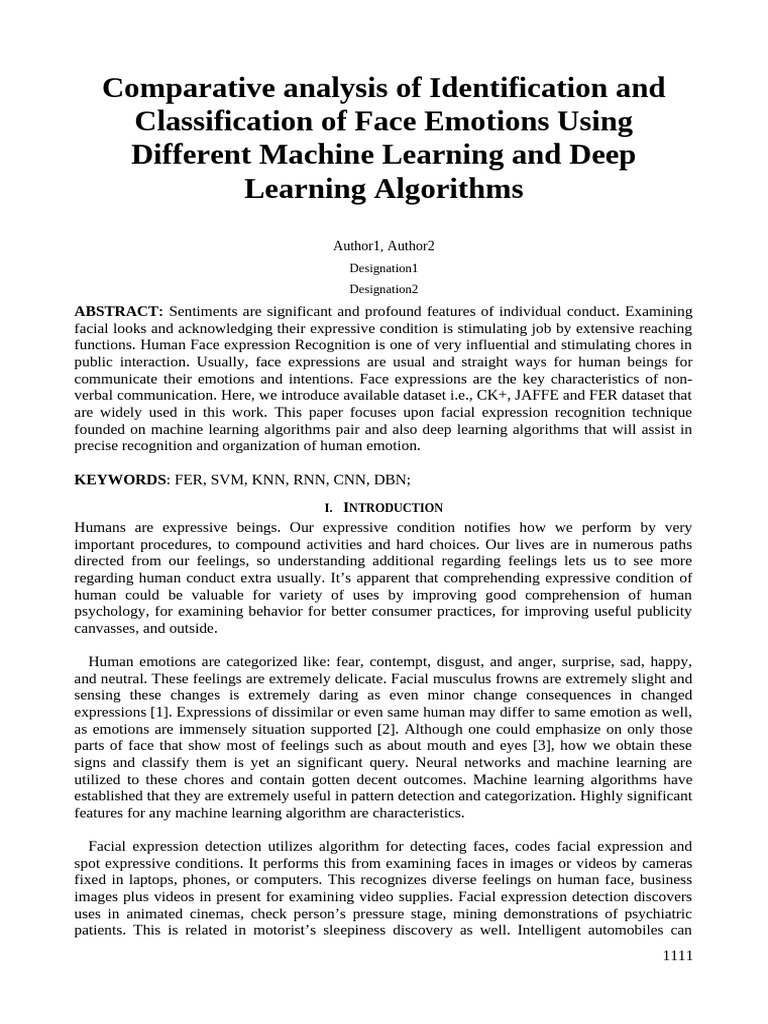 Comparative Analysis of Identification and Classification of Face Emotions Using Different ...