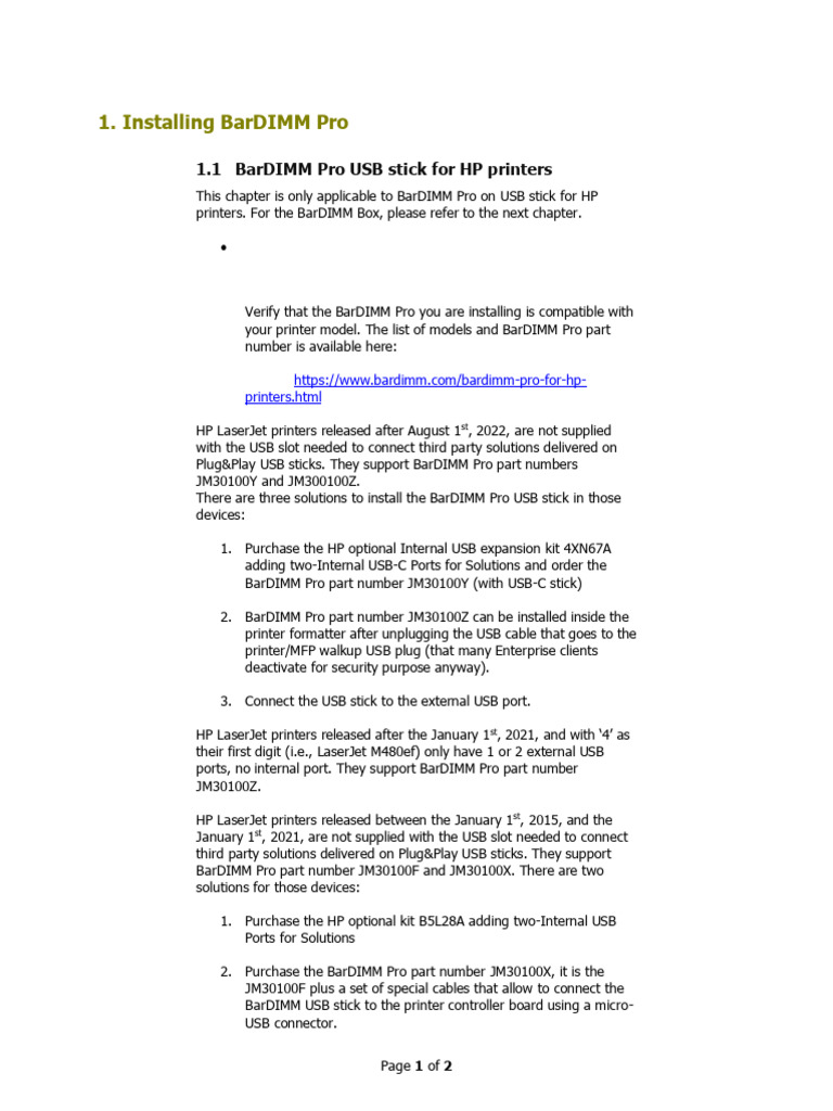 Installing BarDIMM Pro in HP Printers - Extract2022 | PDF | Usb | Usb ...