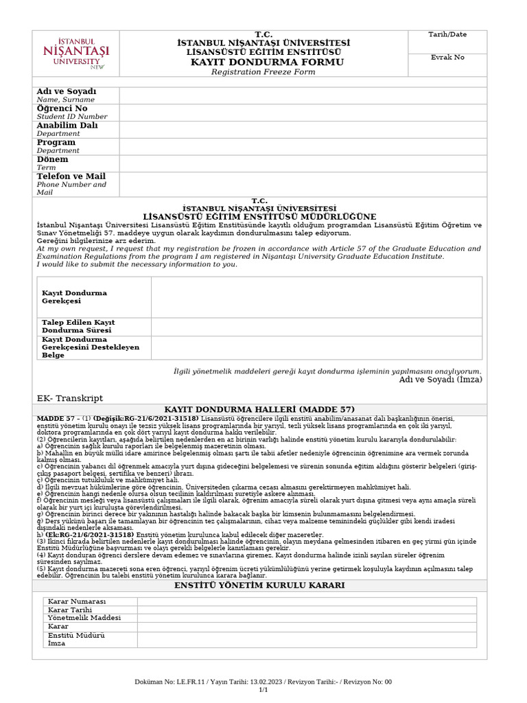 LE - FR.11 Kayit Dondurma Formu | PDF
