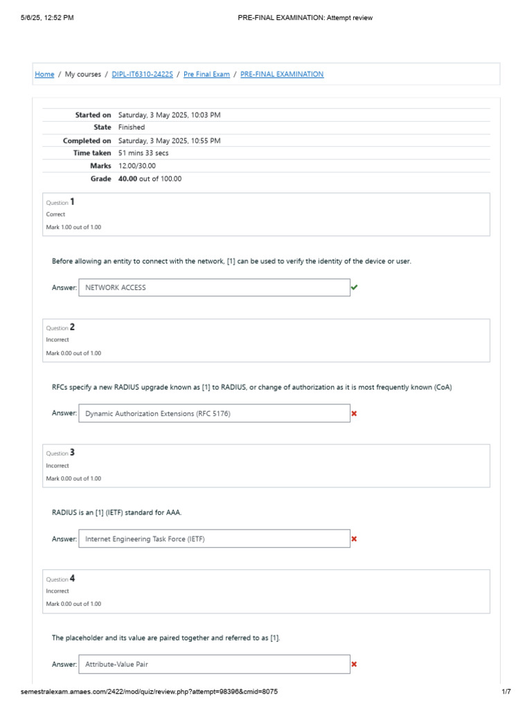 Pre-Final Examination - Attempt Review | PDF | Radius | Internet