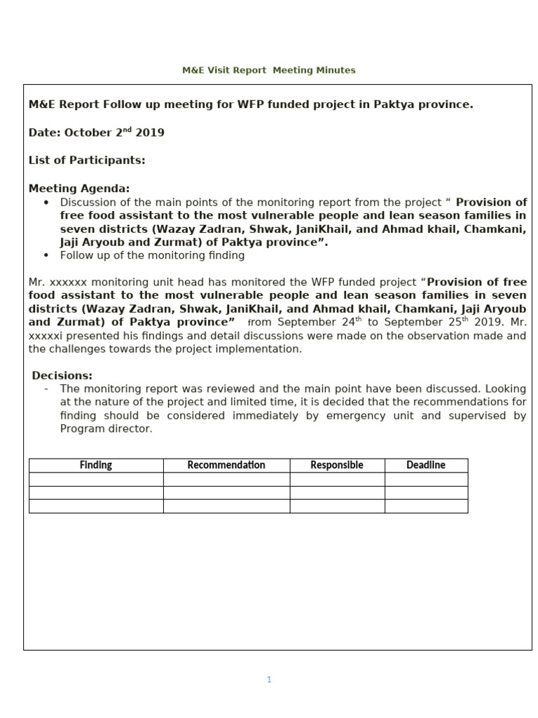 M&E visit follow up meeting minutes | PDF