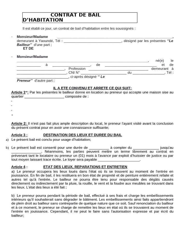 Contrat de Bail d'Habitation Standard | PDF