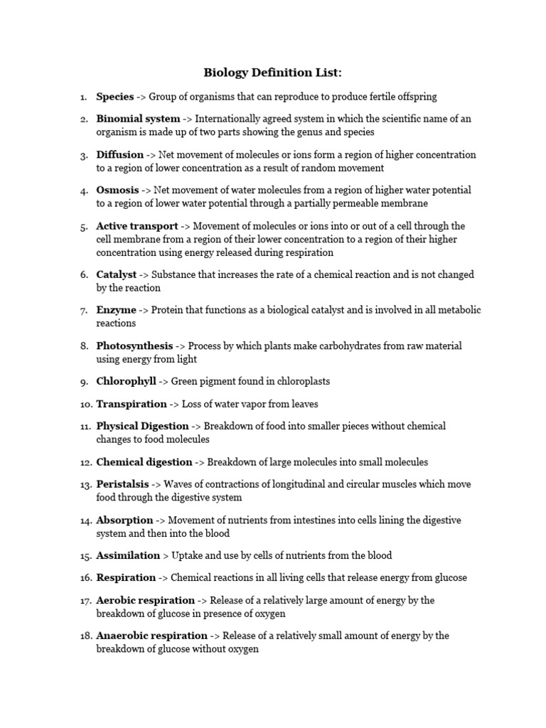 Biology Definition List | PDF | Ploidy | Genetics