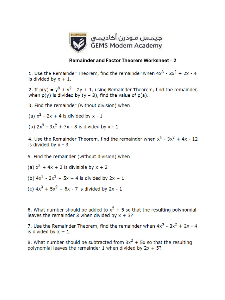 Remainder and factor theorem worksheet 2 | PDF