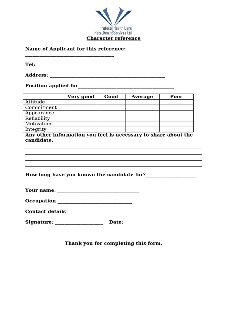 Character Reference Form | PDF