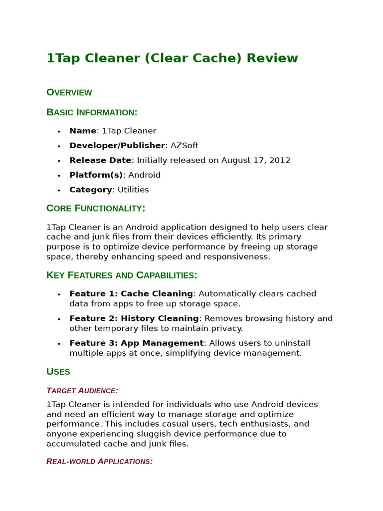 1tap Cleaner (Clear Cache) Review | PDF | Mobile App | Android (Operating System)