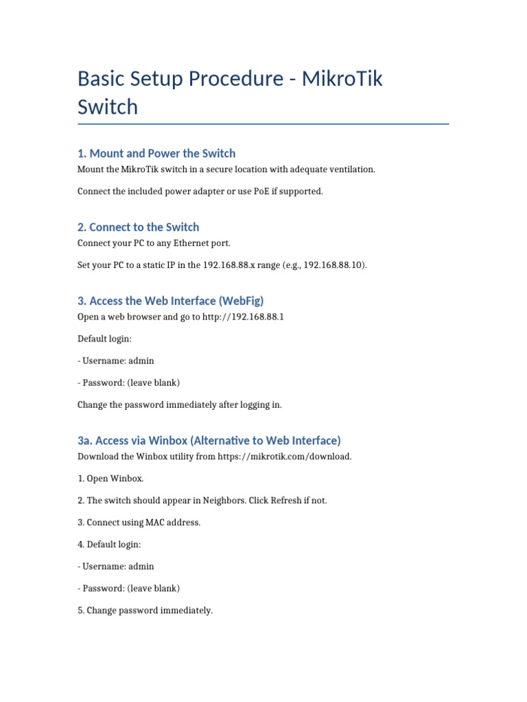 MikroTik Switch Basic Setup With Winbox With NAT | PDF