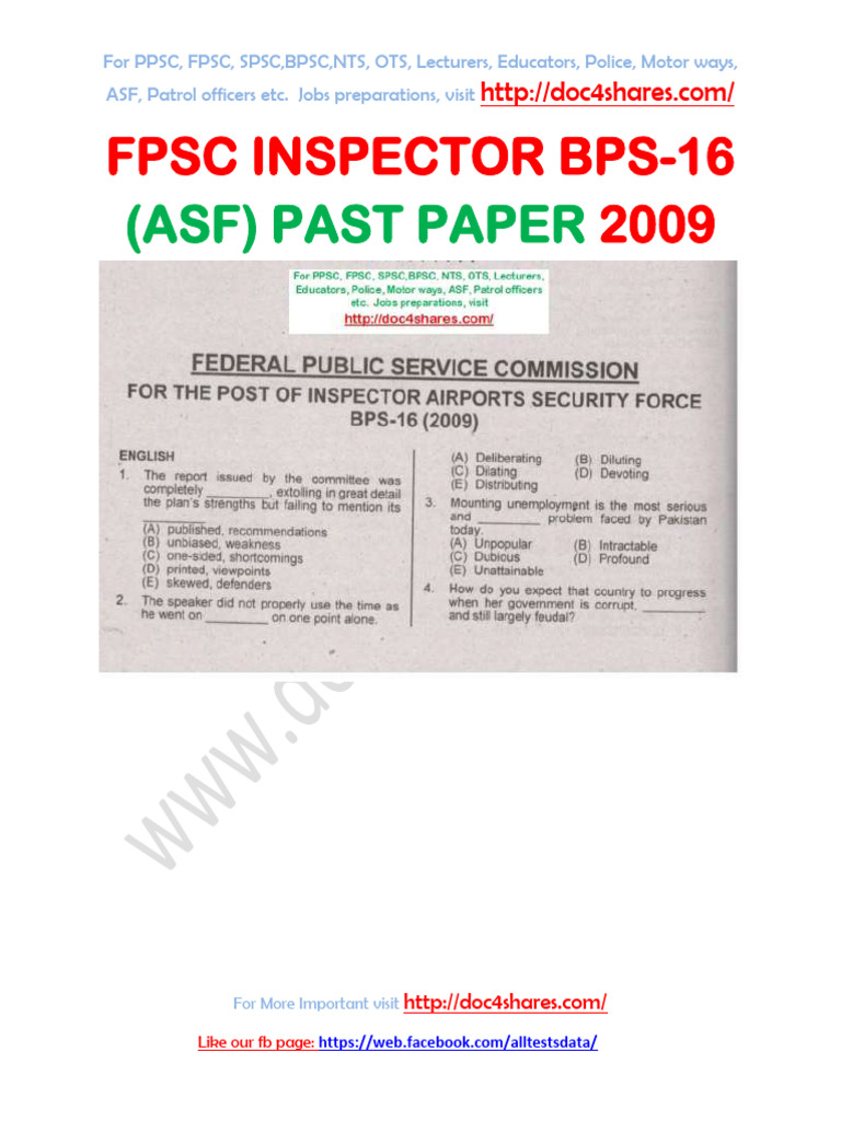 FPSC Inspector Bps-16 (Asf) Past Paper 2009 | PDF | Inspector ...