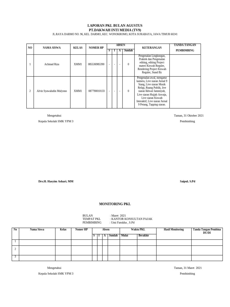 Monitoring PKL Bulan Agustus | PDF