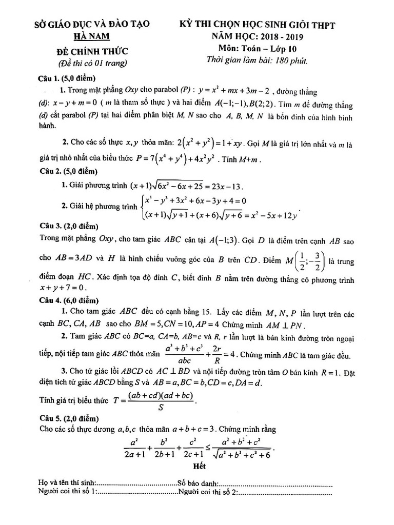 De Thi Hoc Sinh Gioi Toan 10 THPT Nam 2018 2019 So GDDT Ha Nam | PDF