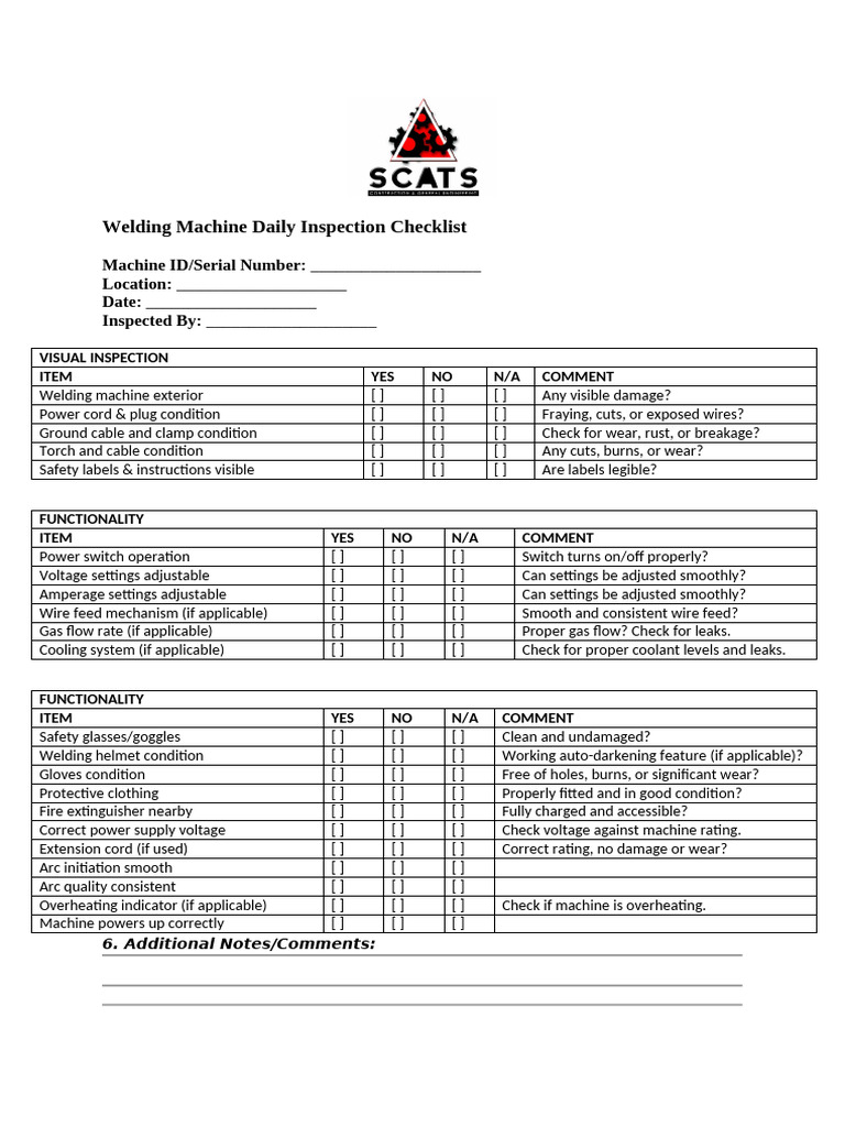 Welding Machine Daily Inspection Checklist | PDF | Welding | Construction