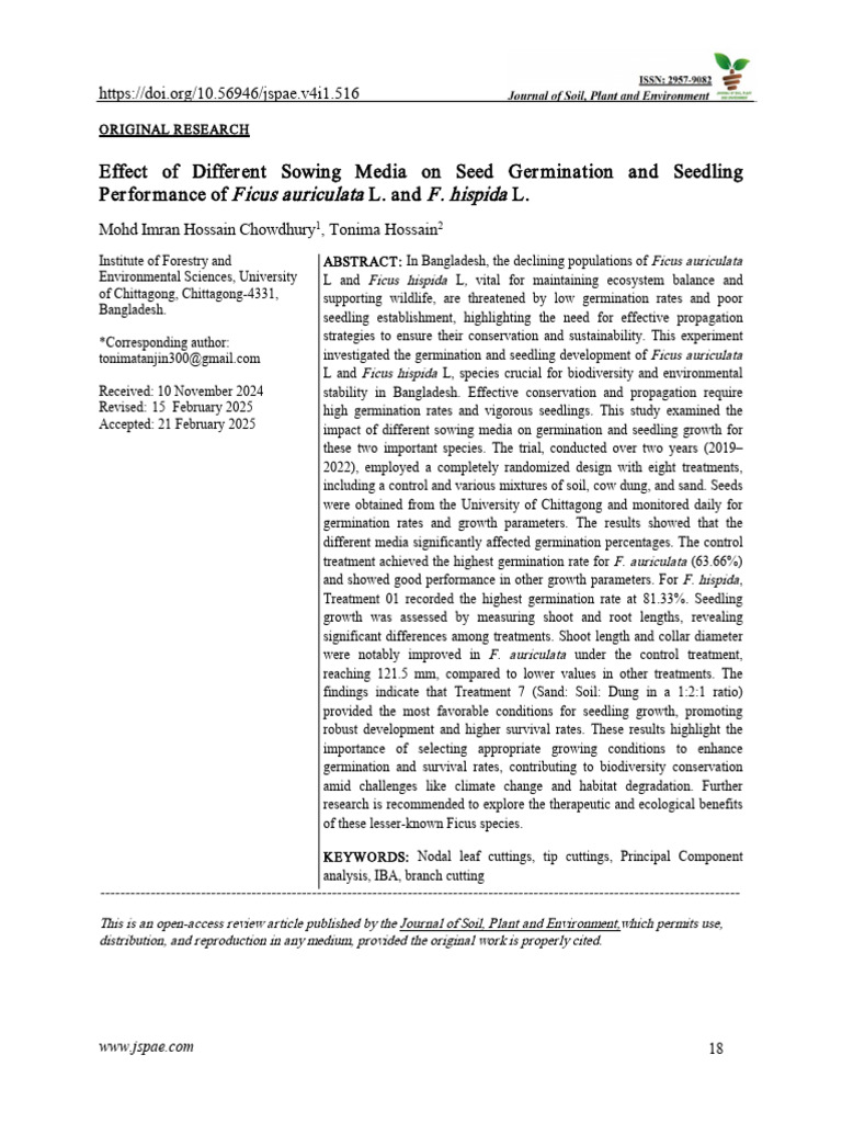 Effect of Different Sowing Media On Seed Germination and Seedling ...