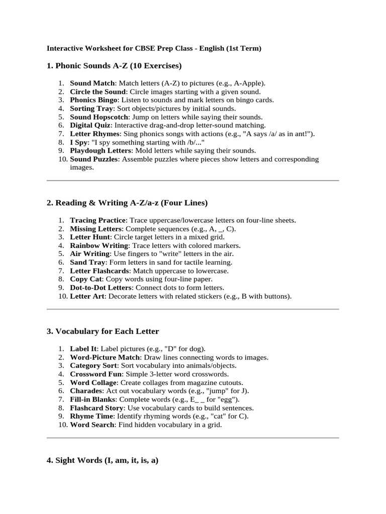 Interactive Worksheet for CBSE Prep Class | PDF | Crossword | Phonics