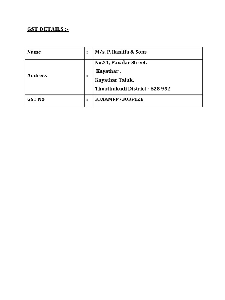 GST Details for P. Haniffa & Sons | PDF