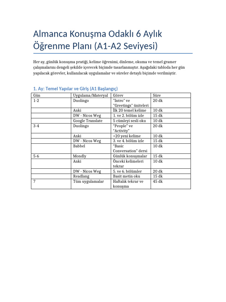 Almanca 6 Ay Ogrenme Plani | PDF