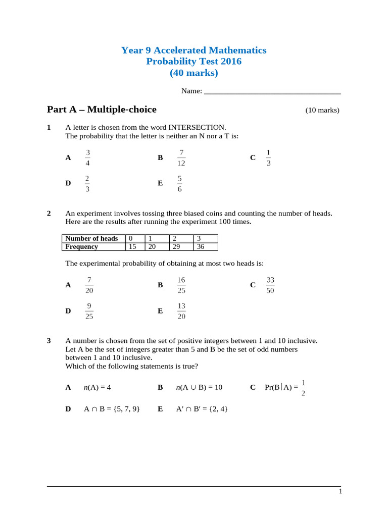 Probability Test Two 10 Maths | PDF | Probability | Probability Theory