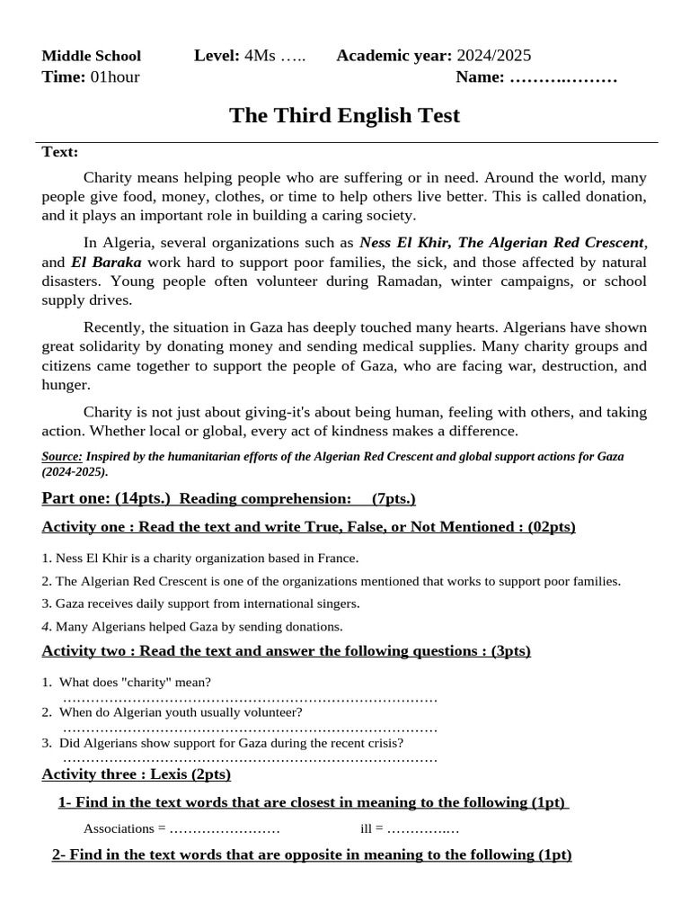 Charity Worksheet for Class 7 | PDF