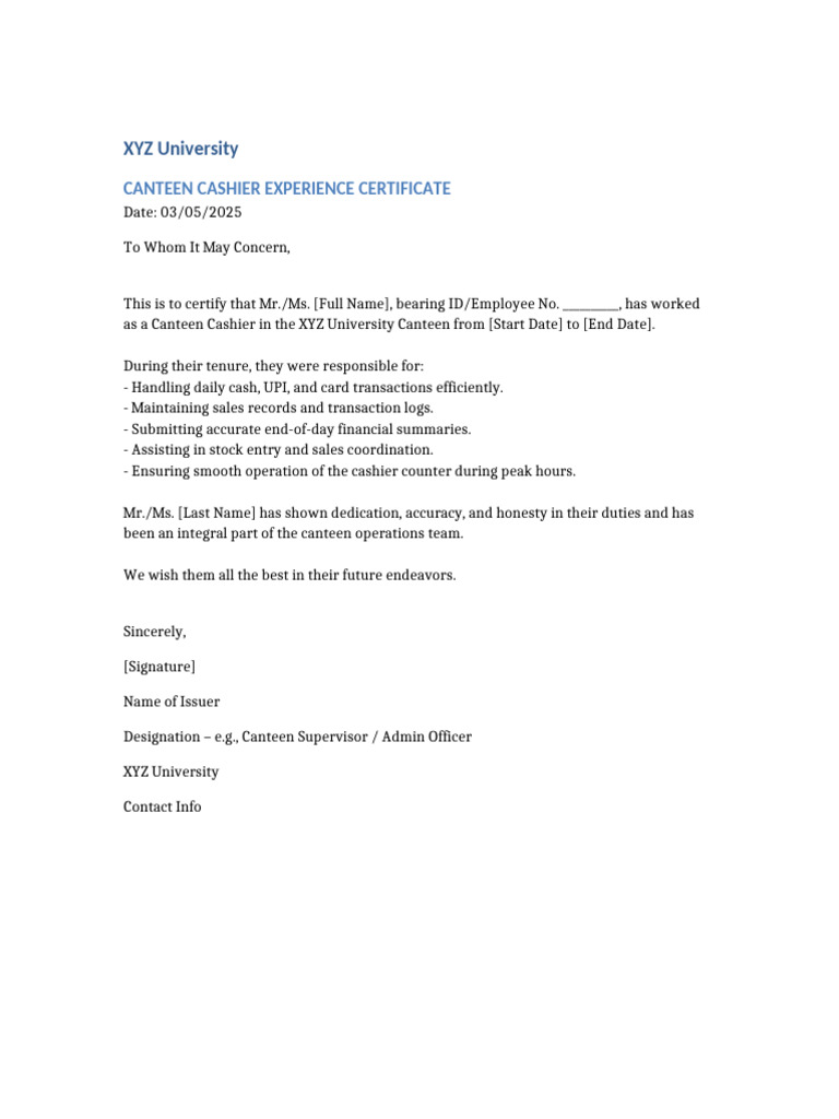 University Canteen Cashier Certificate | PDF