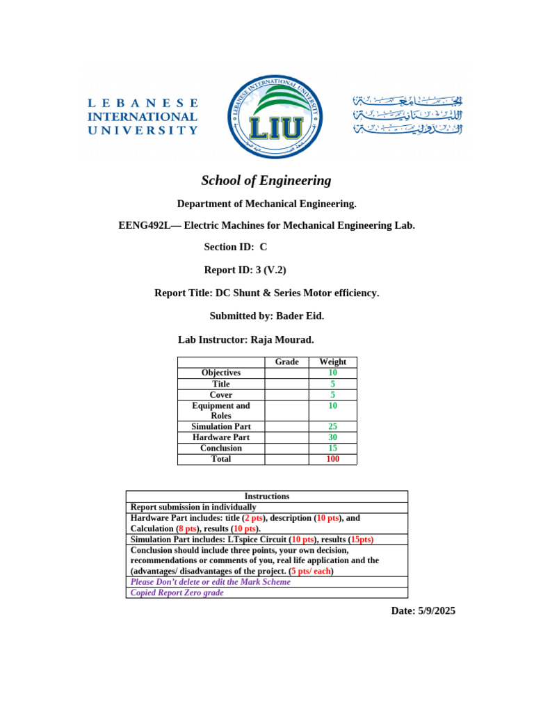 Electric Machine Lab EENG492L-Report3 (V.2) | PDF | Direct Current | Computer Engineering