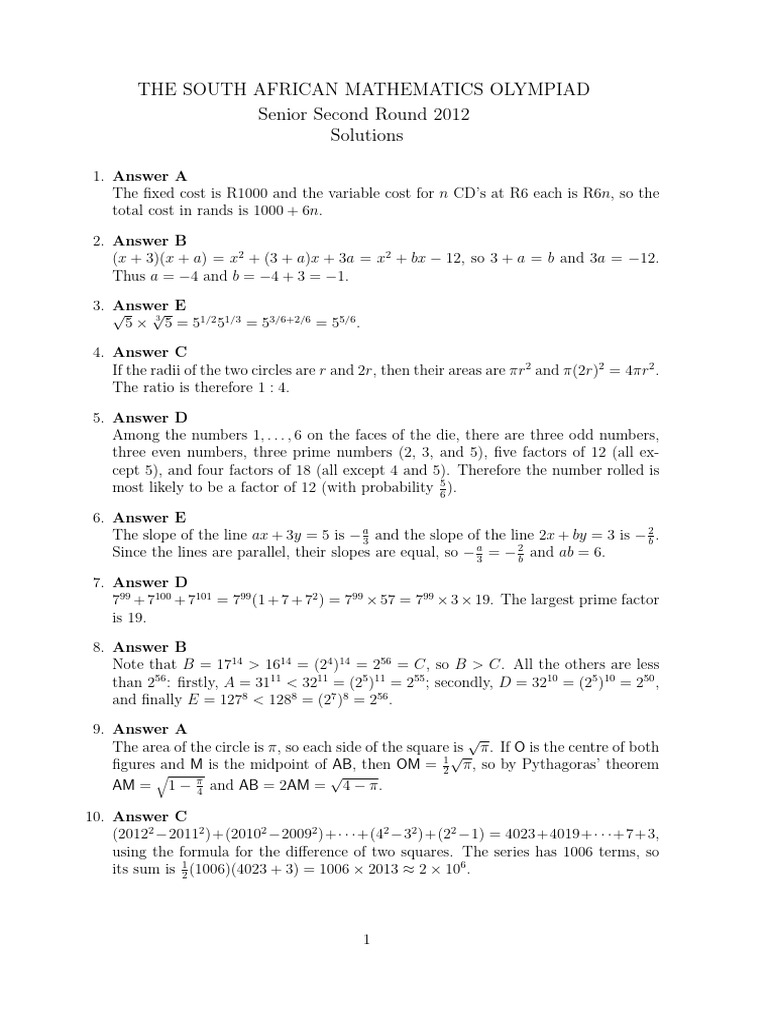 The South African Mathematics Olympiad Senior Second Round 2012 ...