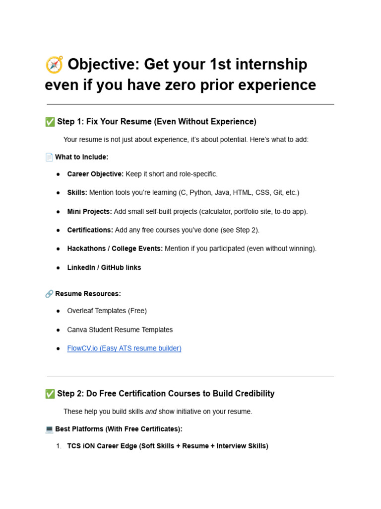 ? Objective - Get Your 1st Internship Even If You Have Zero Prior Experience | PDF | Résumé ...