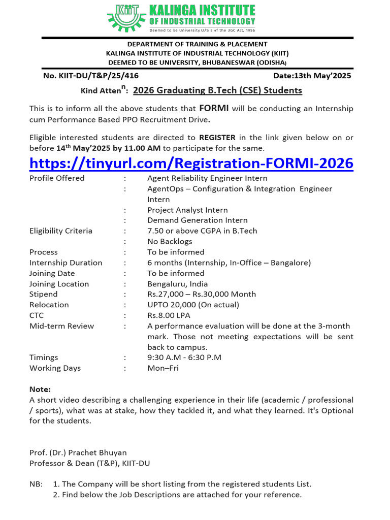 Registration For FORMI Internship Cum PPO Recruitment Drive - 2026 Graduating Batch | PDF ...