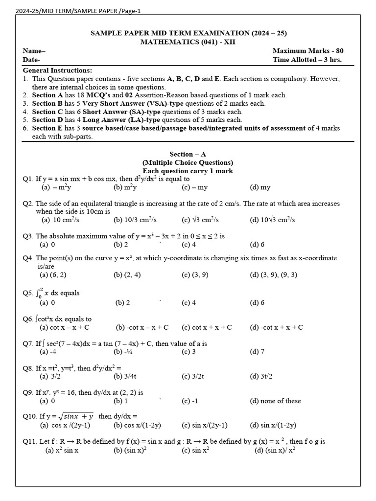 Maths XII SAMPLE PAPER MATHS (Mid Term) | PDF | Matrix (Mathematics ...