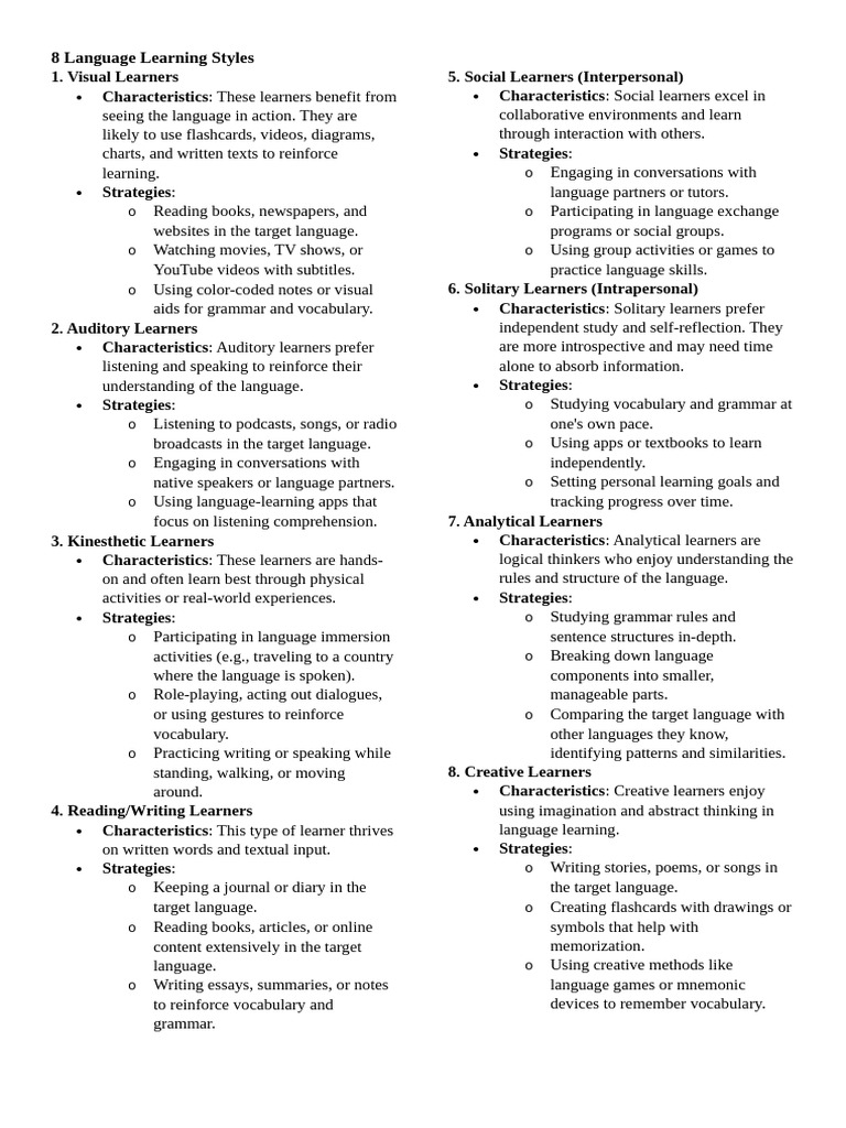 8 Language Learning Style | PDF | Vocabulary | Learning
