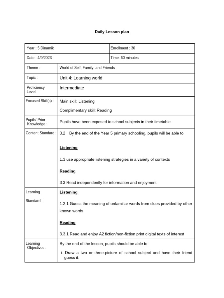 5D Lesson Plan Week 1 (Day 1) | PDF | Lesson Plan | Linguistics
