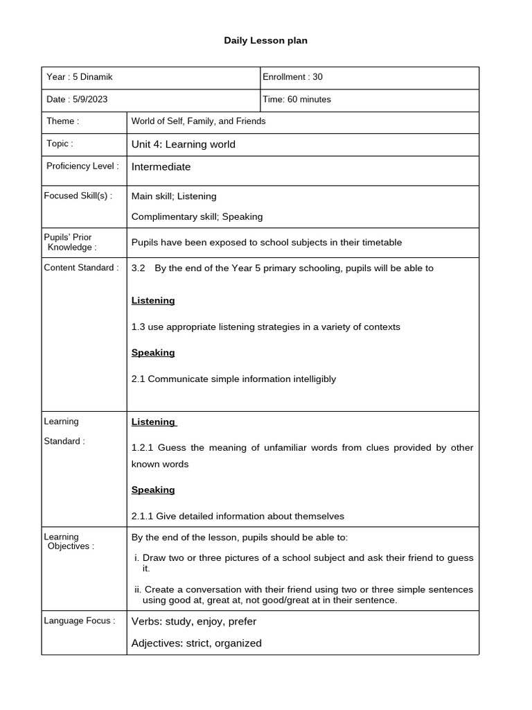 5D Lesson Plan Week 1 (Day 2) | PDF | Lesson Plan | Learning
