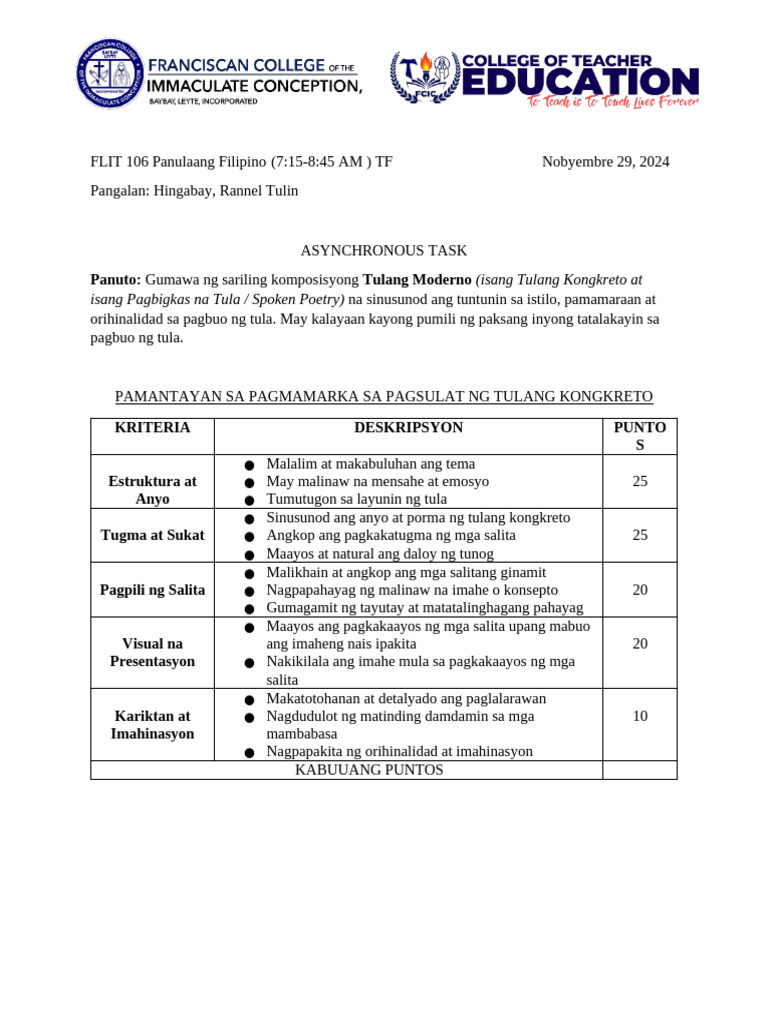 ASYNCHRONOUS TASK Hingabay Rannel T. 1 | PDF