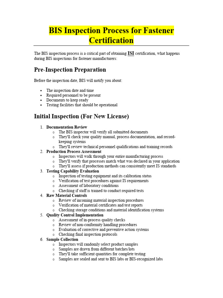 BIS Inspection Process For Fastener Certification | PDF | Verification ...