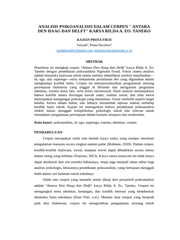 Turiyah (Jurnal) - Analisis Psikoanalisis Dalam Cerpen | PDF