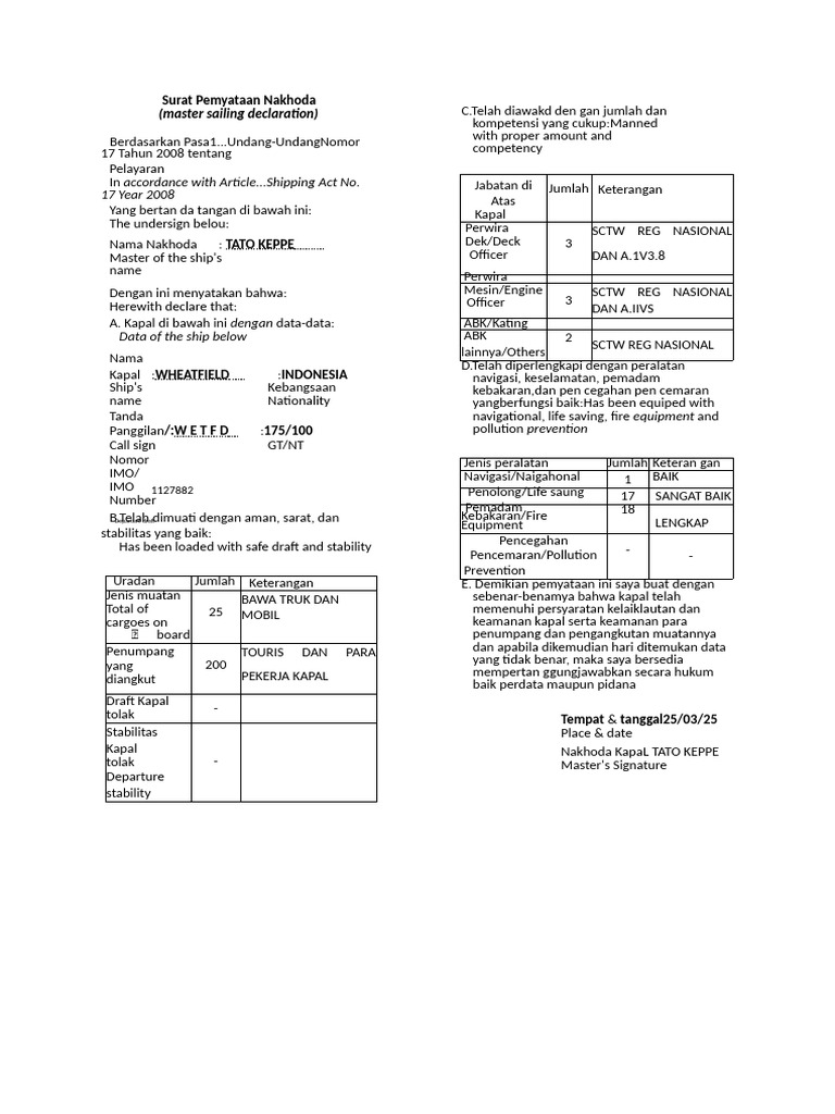 Dokumen Sertifikat Master Sailing Declaration | PDF